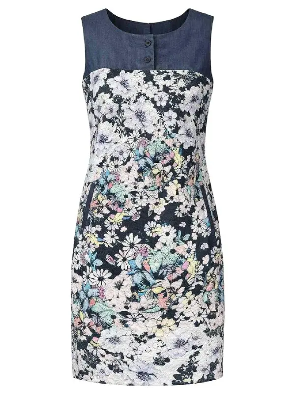CONQUISTA Sleeveless Floral Print Dress With Contrast Yoke - Blue