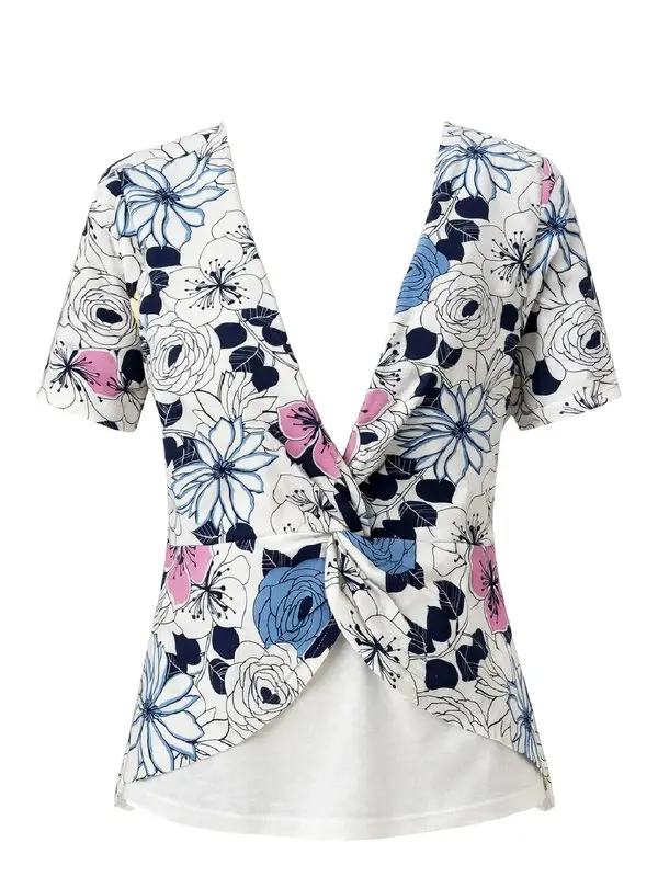 CONQUISTA Floral Twist-front Short Sleeve Top - Blue