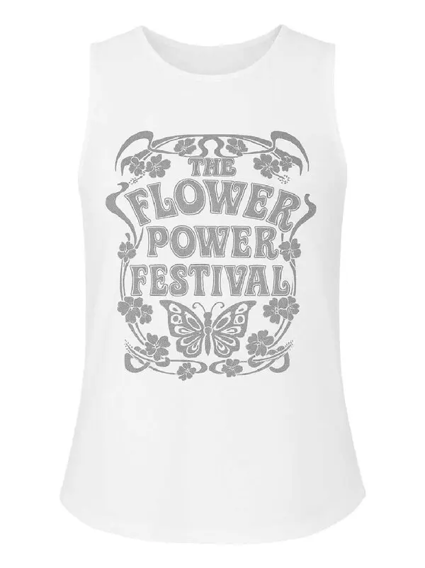 CONQUISTA Sleeveless Cotton-elastane "flower Power Festival" Graphic Tank Top - White