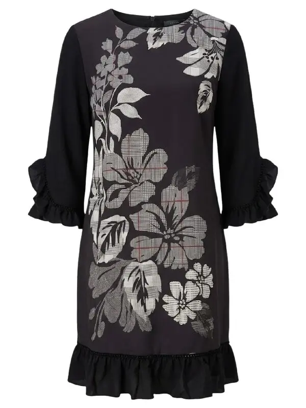 CONQUISTA Floral Print Shift Dress With Ruffle Details - Black