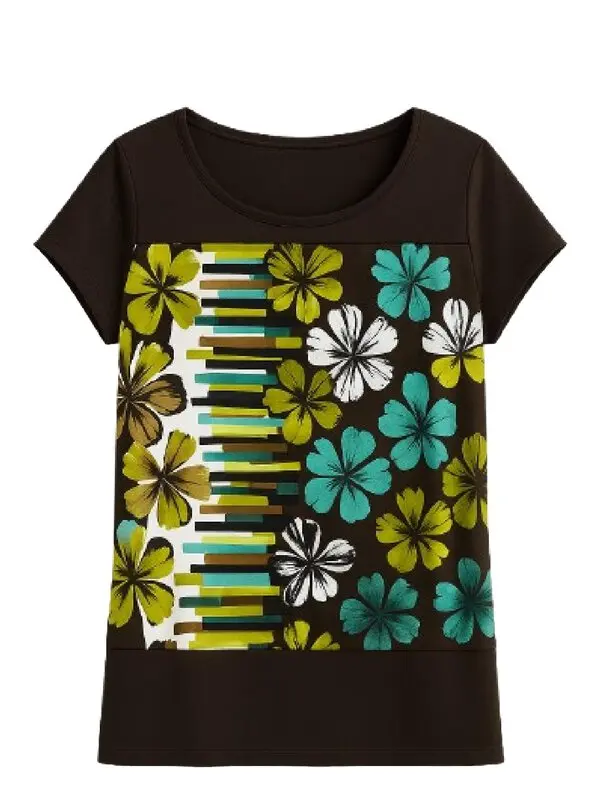 CONQUISTA Short Sleeve Floral Print Top - Brown