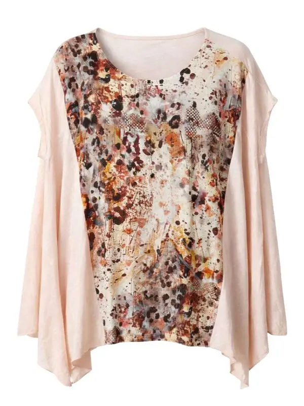 CONQUISTA Flowing Draped-sleeve Top With Artistic Print - Orange