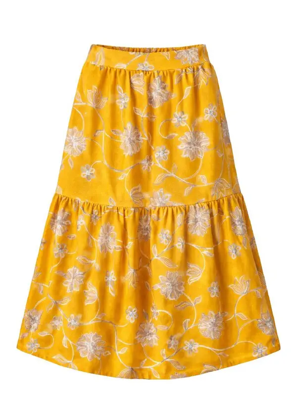 CONQUISTA Floral Print Tiered Midi Skirt - Yellow