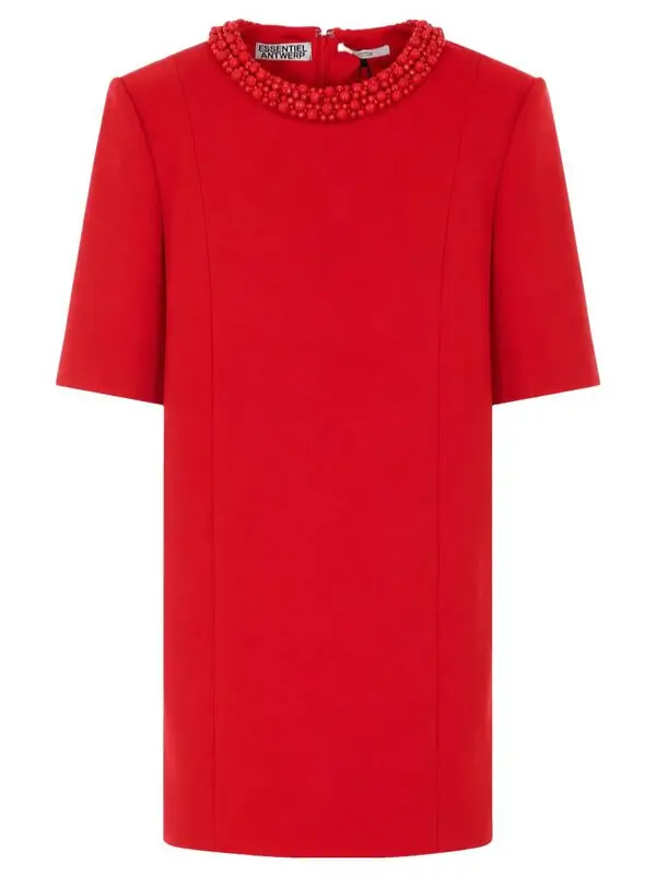 Essentiel Antwerp Beaded Neckline Short Sleeve Mini Dress - Red