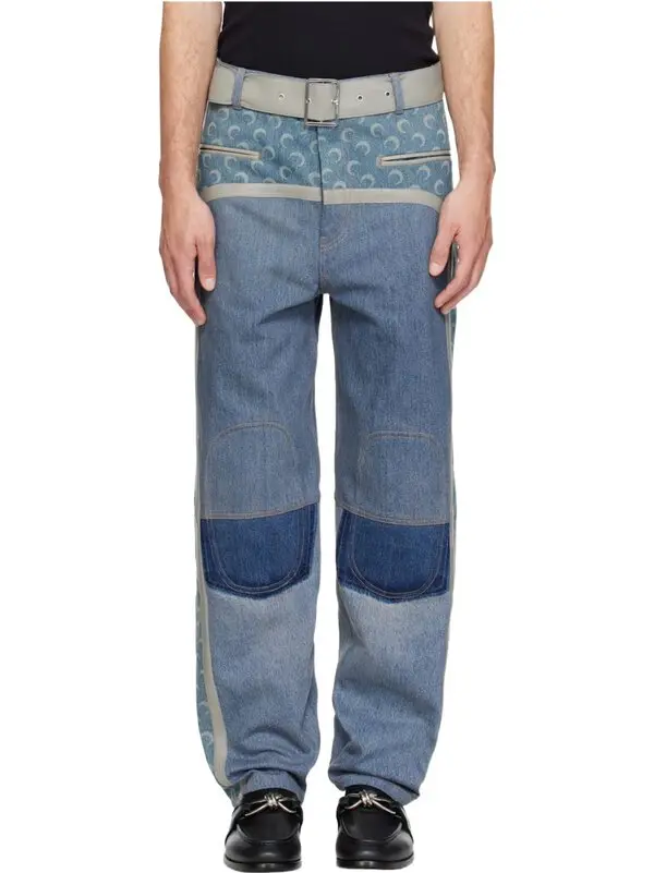 MARINE SERRE Belted Patchwork Jeans - Blue