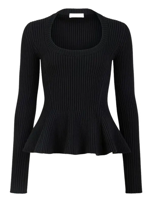 Alaïa Long-sleeved Ribbed Knit Peplum Sweater - Black