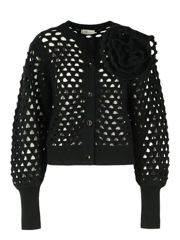 Blumarine Open-knit Cardigan With 3d Rose Detail - Black