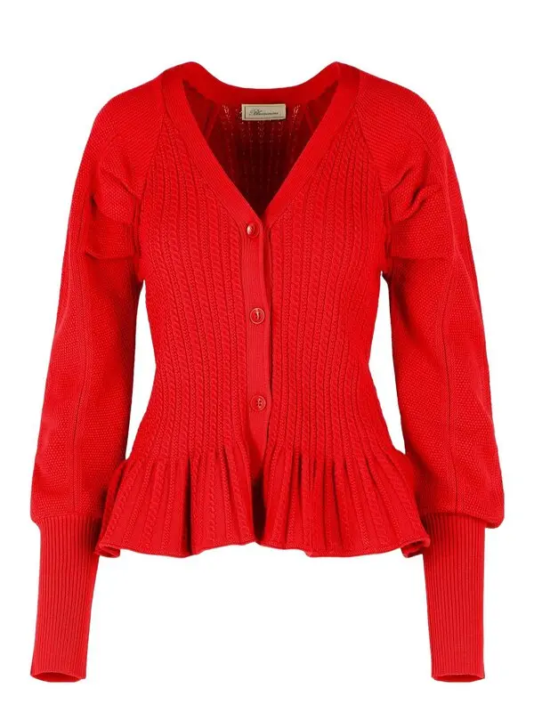 Blumarine Long-sleeve Knit Cardigan With Ruffle Hem - Red