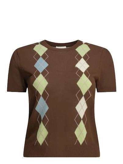 GANNI Argyle Crewneck Short Sleeve Sweater - Brown