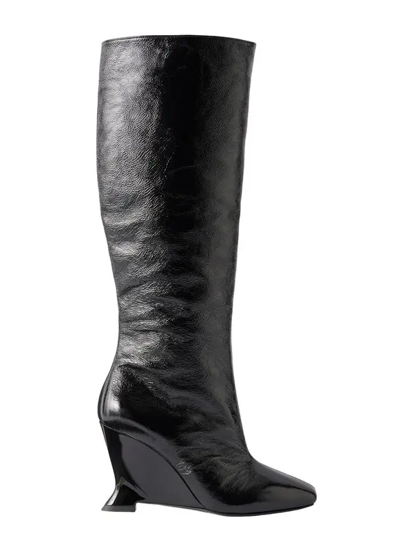 Balmain Crinkled-leather Knee Boots - Black
