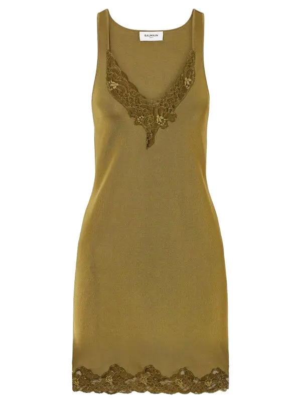 Balmain Lace-trimmed Knitted Mini Dress - Army Green