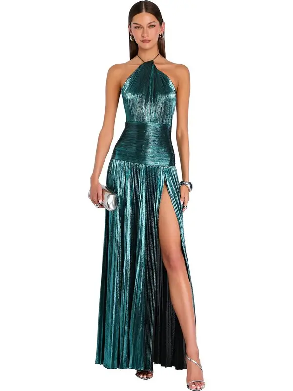 Retrofete Thalia Halterneck Maxi Gown With High Slit - Sarcelle