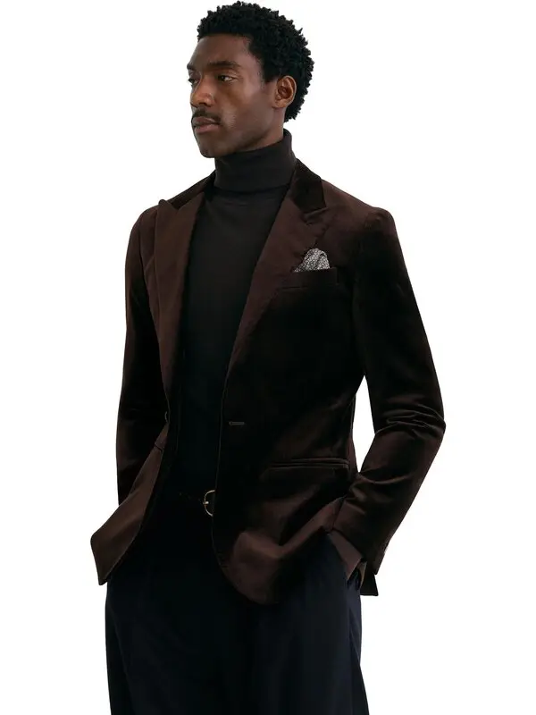 REISS Apsara Tailored Fit Velvet Single-breasted Blazer - Brown