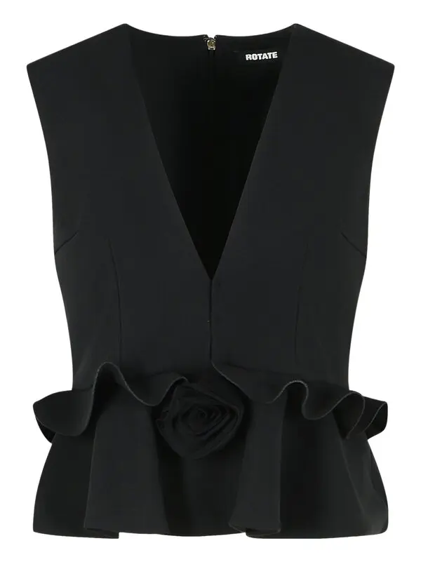 ROTATE BY BIRGER CHRISTENSEN Sleeveless V-neck Peplum Top With Floral Embellishment - Black
