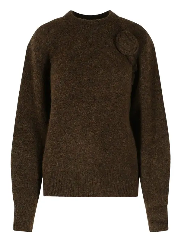 ROTATE BY BIRGER CHRISTENSEN Alpaca Blend Floral Detail Crew Neck Pullover Sweater - Brown