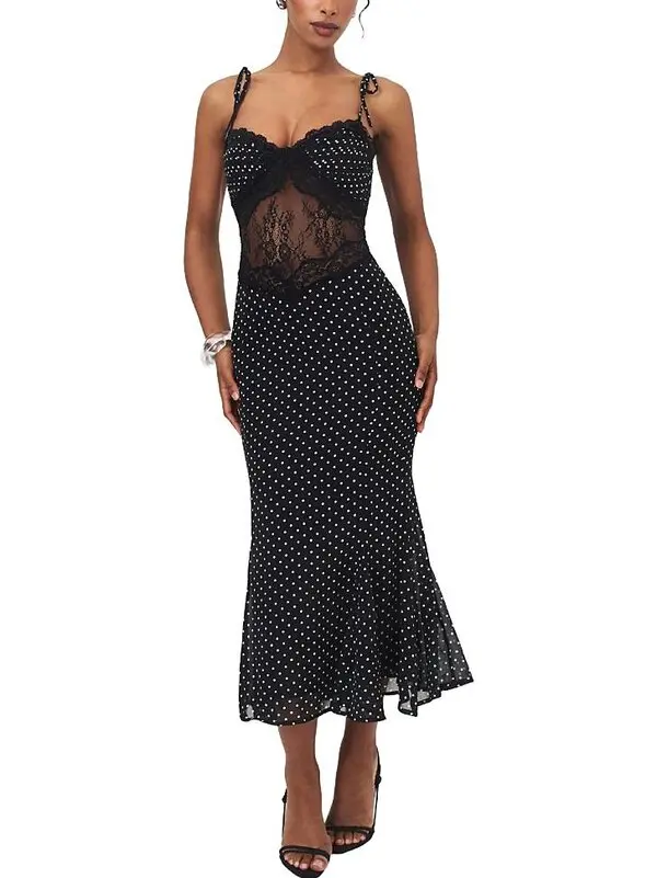 MISS CIRCLE NEW YORK Zehra Polka Dot Chiffon Lace Cutout Mermaid Midi Dress - Black