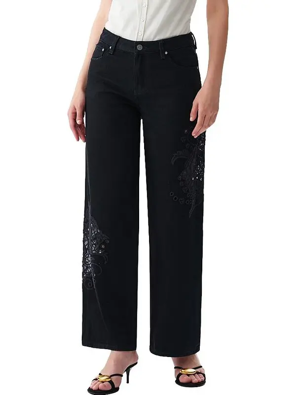 BAYEAS Floral Cutout Embroidered High Rise Wide Leg Denim Jeans - Black