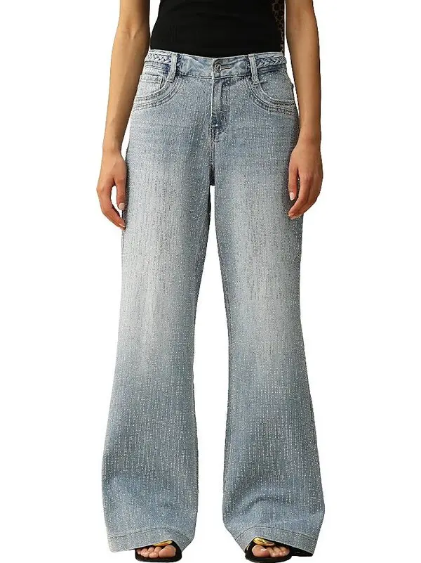 BAYEAS Mid Rise Wide Leg Rhinestone Denim Jeans - Blue