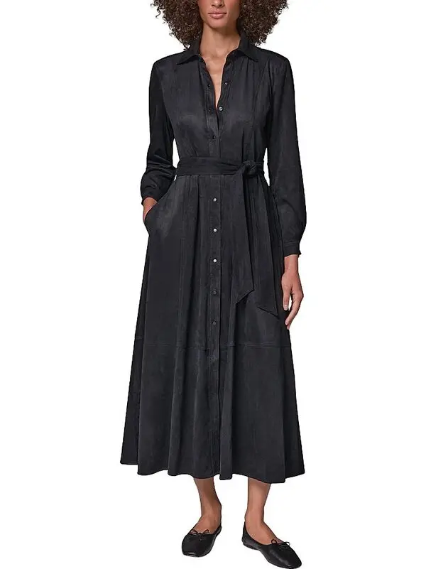 DONNA KARAN WEEKEND Faux Suede Belted Midi Shirt Dress - Black