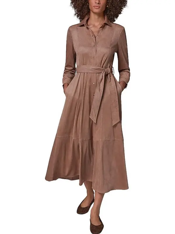 DONNA KARAN WEEKEND Faux Suede Belted Midi Shirt Dress - Camel
