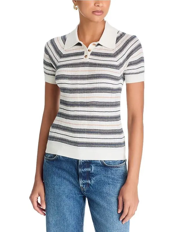 Rag & Bone Teresa Striped Knit Polo Top - Ivory Multi