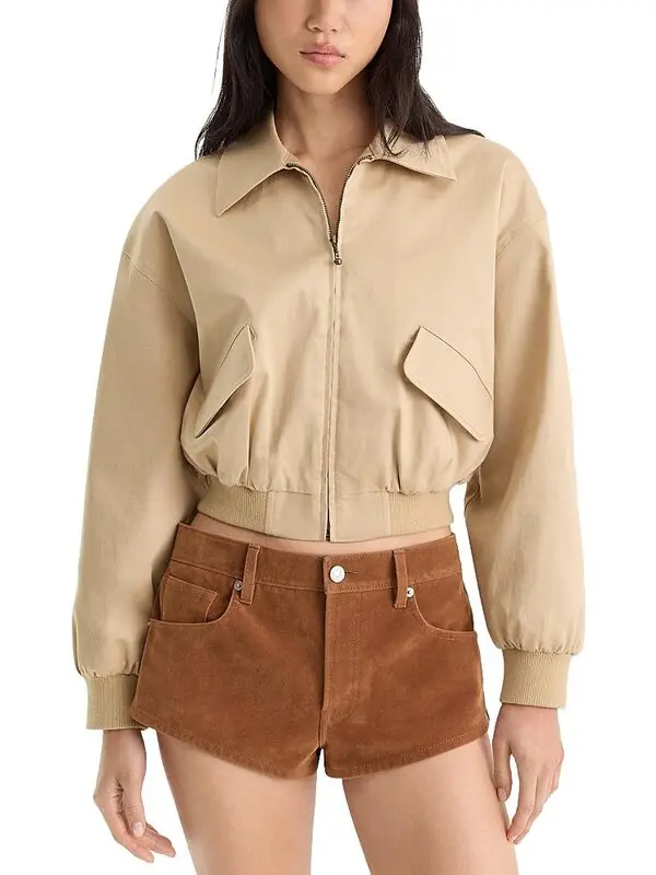 Good American Cropped Twill Cotton Stretch Bomber Jacket - Dune Mist