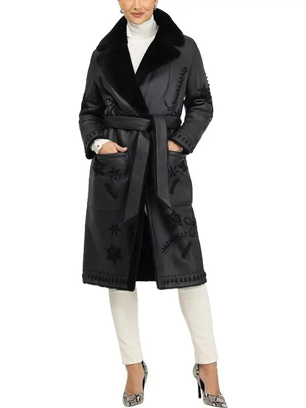 Gorski Merino Shearling Lamb Short Coat With Embroidery And Belt - Black/black