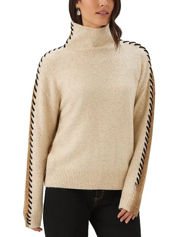 Karen Kane Whipstitched Colorblocked Turtleneck Sweater - Oat/ Camel