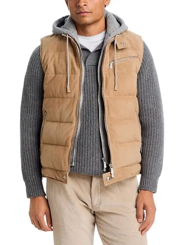 Eleventy Suede Vest With Removable Hood - Camel
