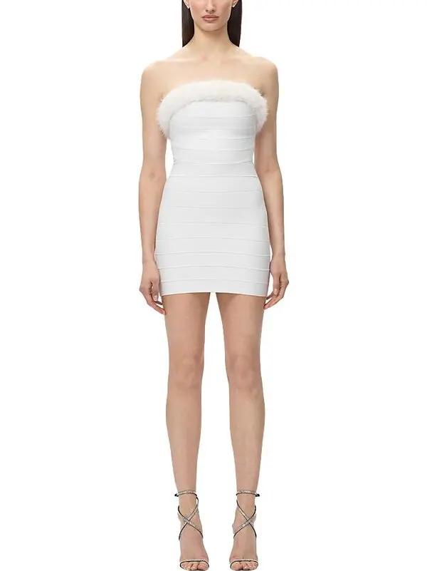 Herve Leger The Victoria Faux Fur Trim Bandage Dress - Alabaster