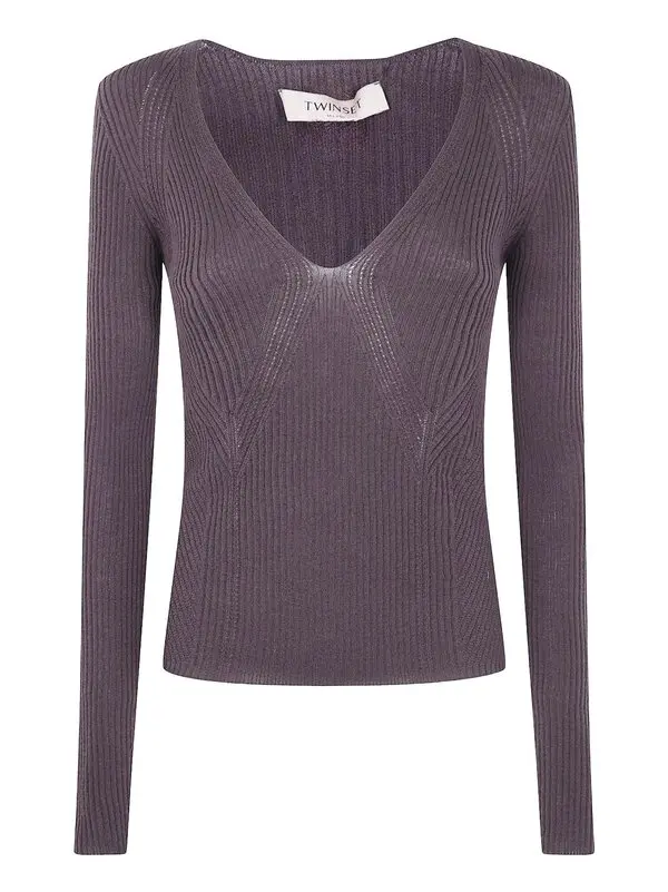 TWINSET Long-sleeved V-neck Ribbed Jumper - Black