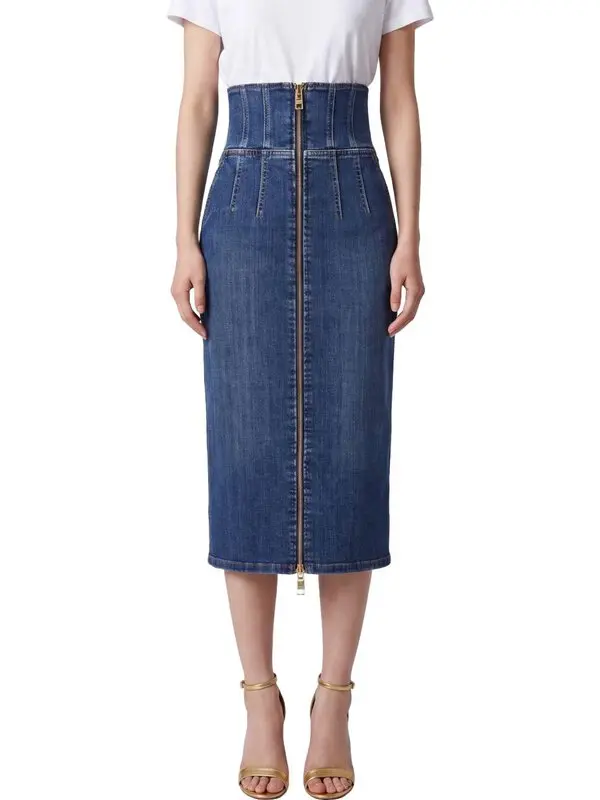 Elisabetta Franchi High-waisted Denim Midi Pencil Skirt - Navy