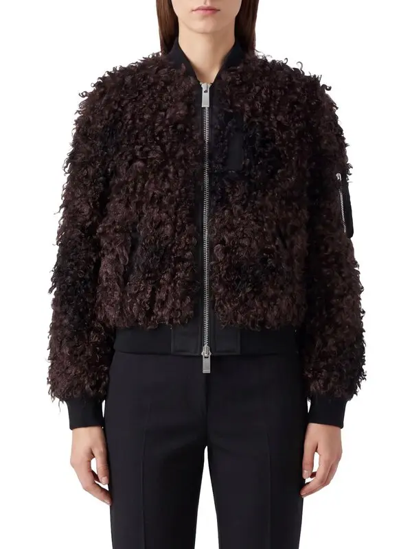 Sacai Faux Fur Bomber Jacket With Elasticated Cuffs And Hem - Brown