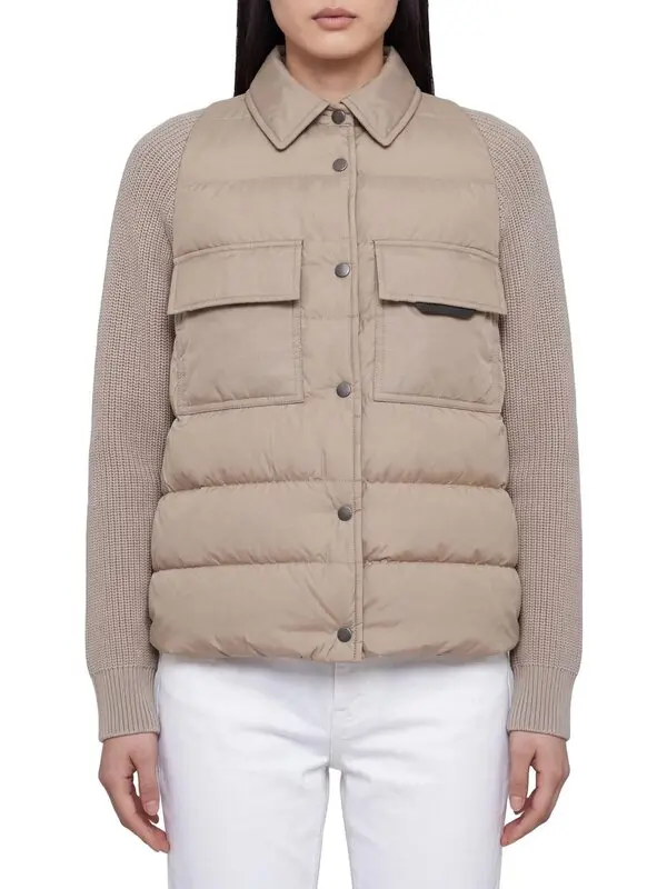 Brunello Cucinelli Quilted Down Jacket With Contrasting Knit Sleeves - Beige