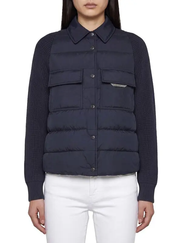 Brunello Cucinelli Quilted Down Jacket With Contrasting Knit Sleeves - Blue