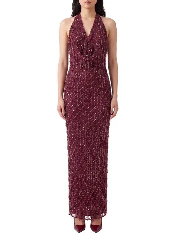 ROTATE BY BIRGER CHRISTENSEN Slim Fit Halterneck Beaded Long Evening Gown - Brown