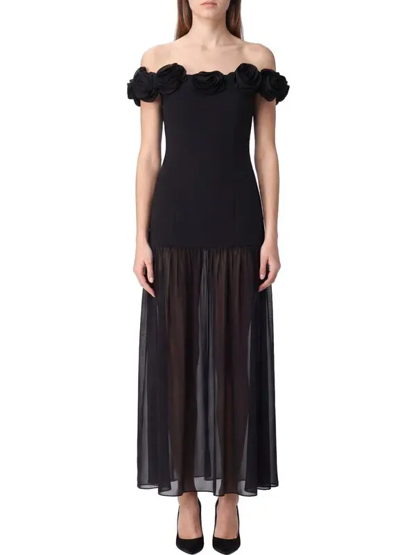 ROTATE BY BIRGER CHRISTENSEN Strapless Floral Appliqué Crêpe Midi Evening Dress - Black
