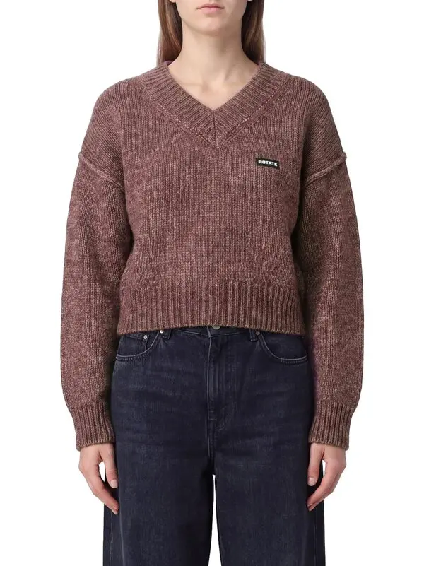 ROTATE BY BIRGER CHRISTENSEN V-neck Merino Wool Jumper With Applied Logo - Brown