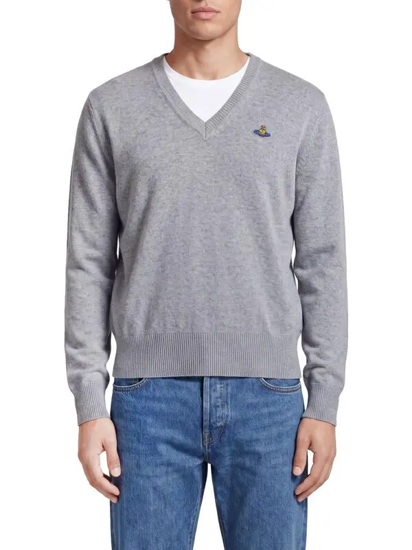 VIVIENNE WESTWOOD Cashmere Blend V-neck Jumper With Embroidered Orb Logo - Grey