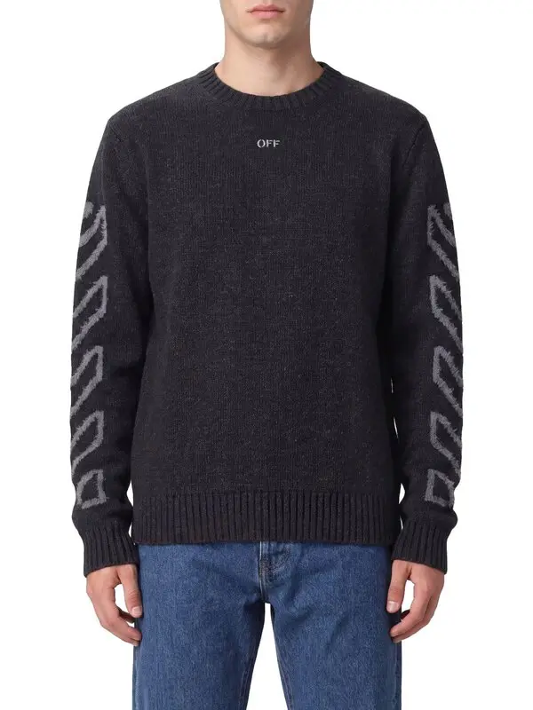 Off-White Wool-blend Crewneck Jumper With Jacquard Arrow Logo - Grey