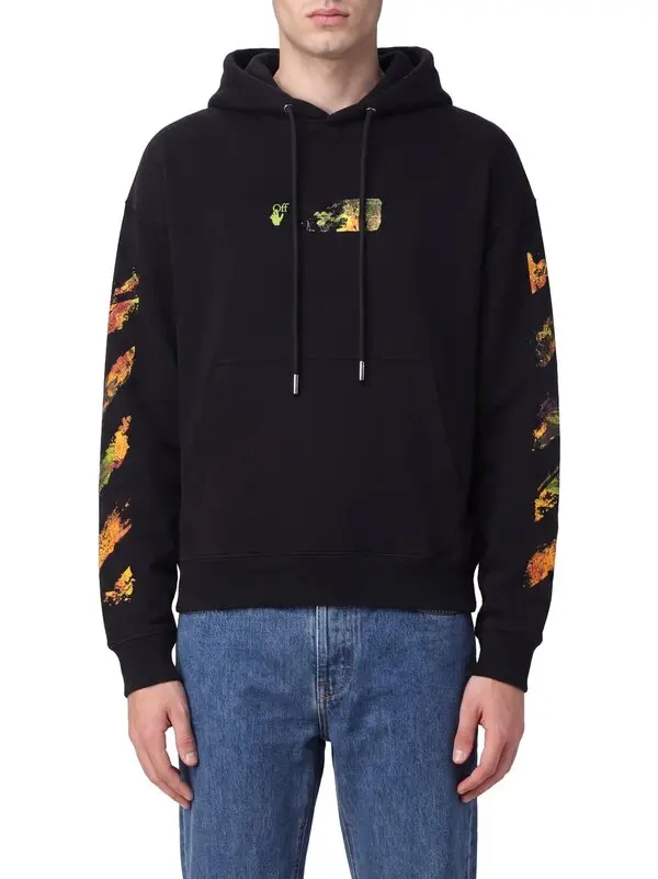 Off-White Cotton Hoodie With Graphic Prints - Black