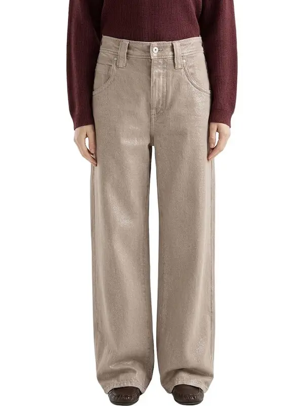 Brunello Cucinelli High-rise Wide-leg Lurex Denim Jeans With Monili - Beige