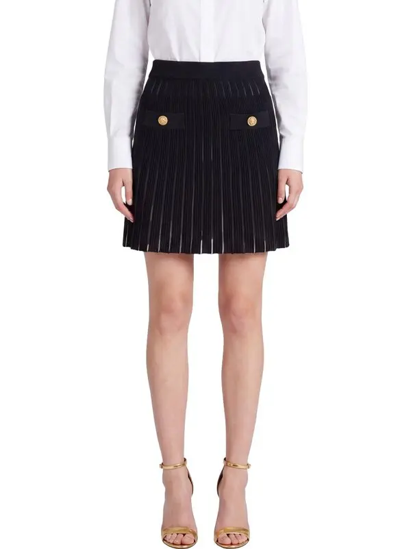 Balmain High-waisted A-line Knit Miniskirt With Jewel Buttons - Black