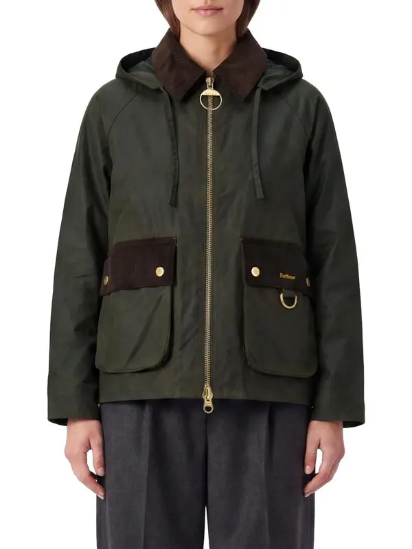Barbour Waxed Cotton Jacket With Hood And Velvet Collar - Green