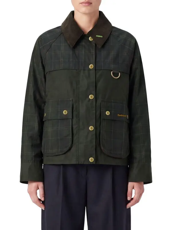 Barbour Spey Waxed Cotton Jacket With Velvet Collar And Tartan Lining - Green