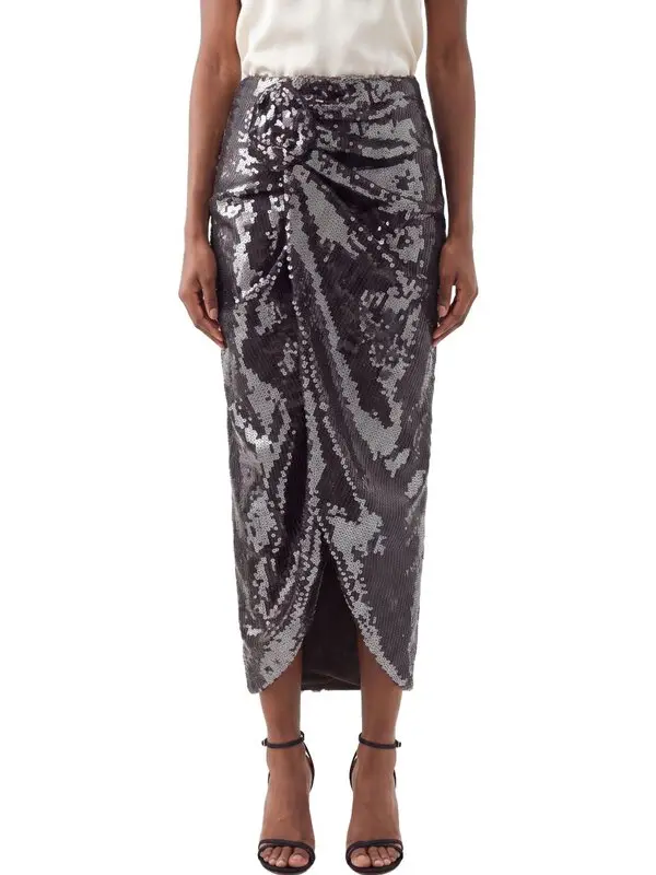ROTATE BY BIRGER CHRISTENSEN High-waisted Midi Pencil Skirt With Sequins And Front Slit - Brown