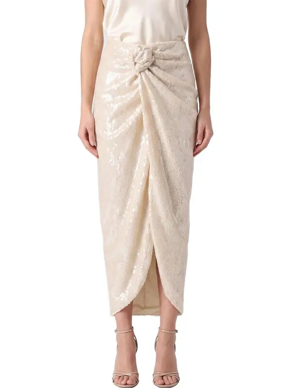 ROTATE BY BIRGER CHRISTENSEN High-waisted Midi Pencil Skirt With Sequins And Front Slit - White