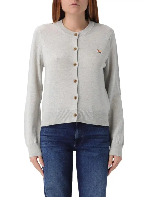 Maison Kitsuné Wool Crewneck Cardigan With Embroidered Logo - Grey