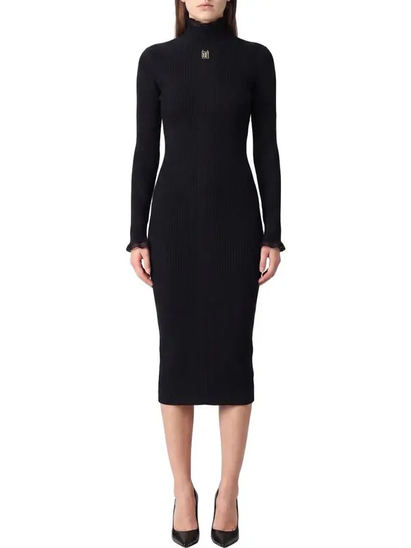 Elisabetta Franchi Ribbed Knit Turtleneck Midi Dress - Black