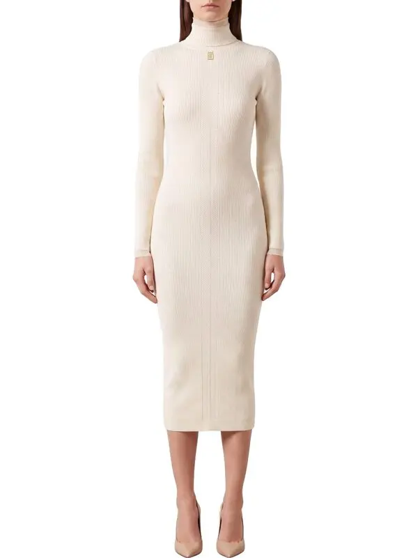 Elisabetta Franchi Ribbed Knit Turtleneck Midi Dress - White
